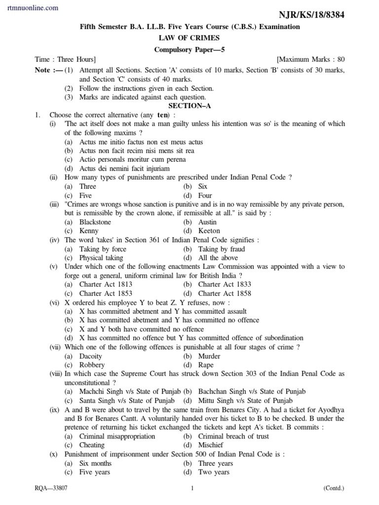 Ballb 5 Sem Law of Crimes Paper 5 Summer 2018 | PDF | Crimes | Crime ...