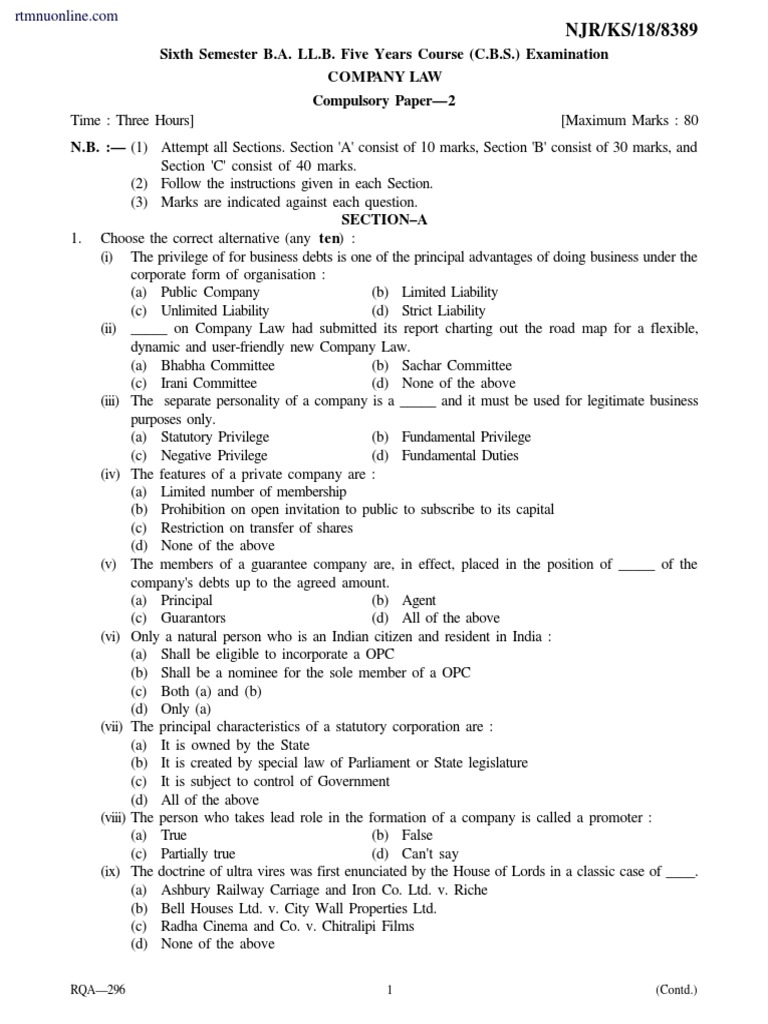 Ballb 6 Sem Company Law Paper 2 Summer 2018 | PDF | Companies | Justice