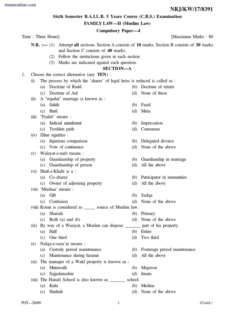 Ballb 6 Sem Family Law 2 (Muslim Law) Paper 4 Winter 2017 | PDF ...