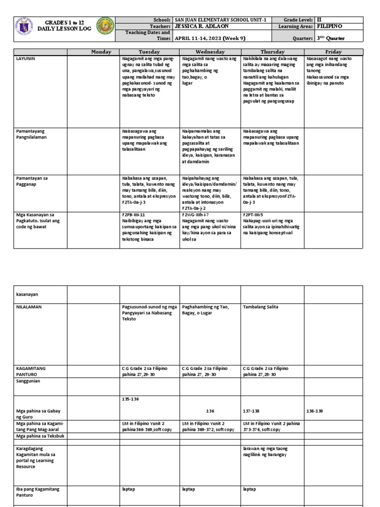 4 DLL Filipino 2 Q3 Week 9 | PDF