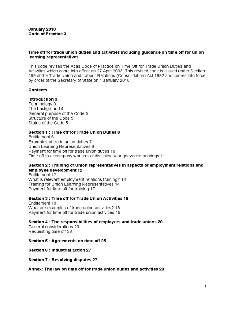 ACAS Code of Practice 3 - Time Off For Trade Union Duties and Activities | PDF | Employment ...