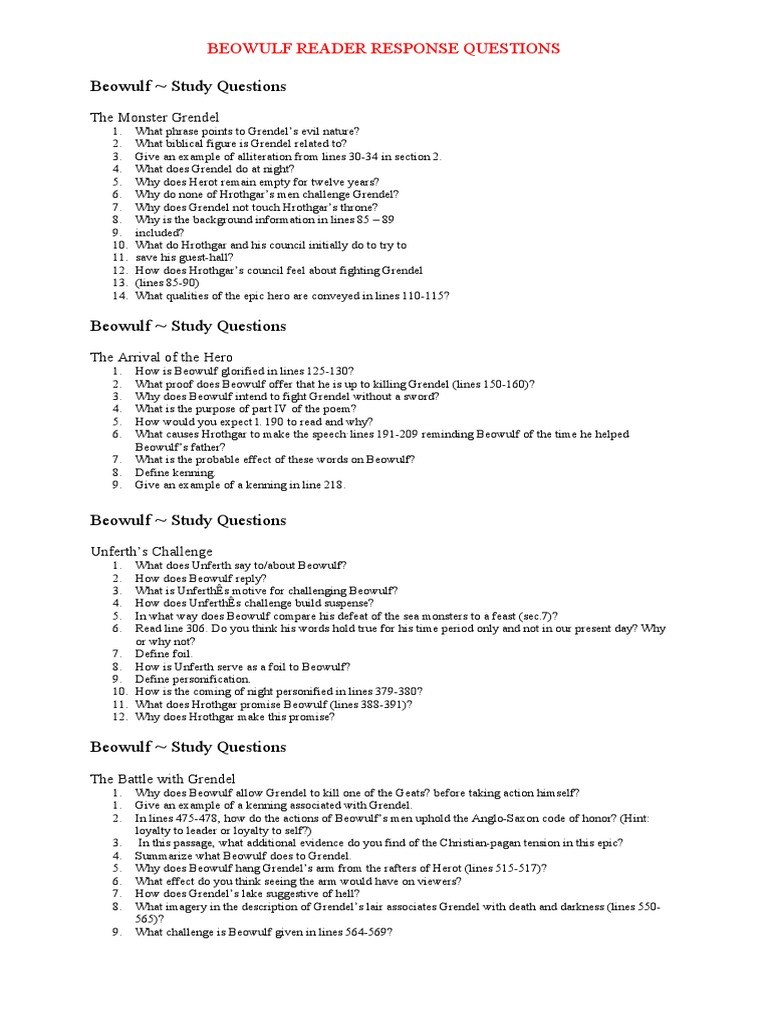 Beowulf Reader Response Questions | PDF | Beowulf | English Heroic Legends