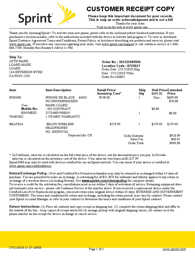 Facture Spint XR Black2019 | PDF | Sprint Corporation | Receipt