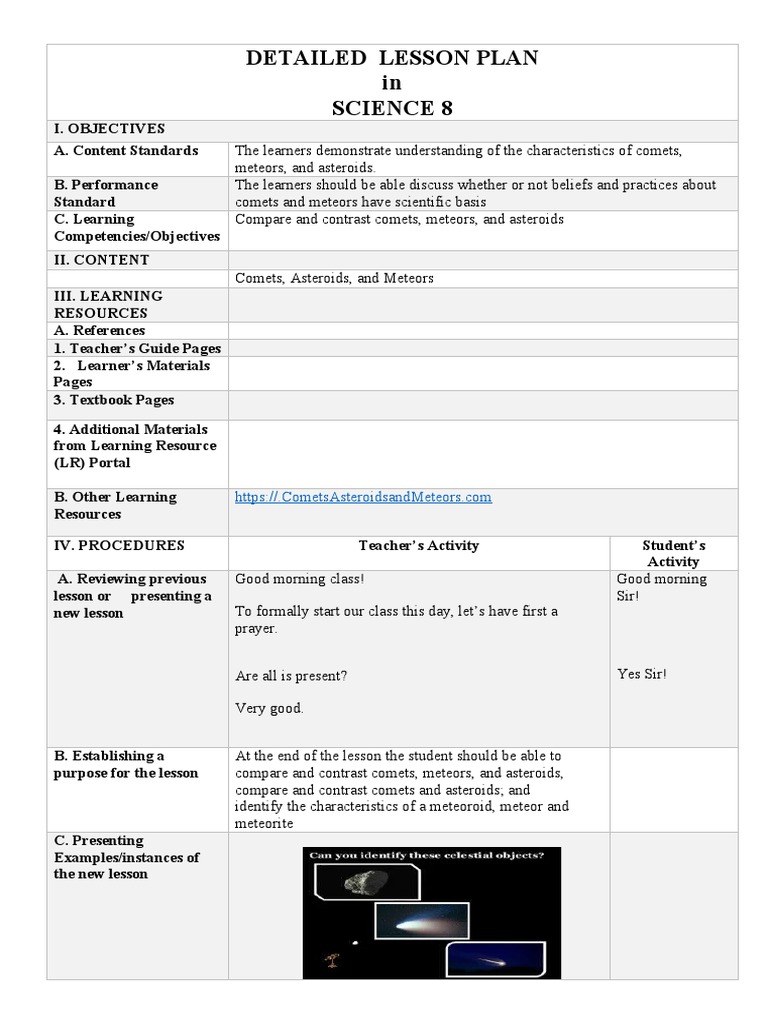 Detailed Lesson Plan in Science 8 | PDF | Meteoroid | Comet