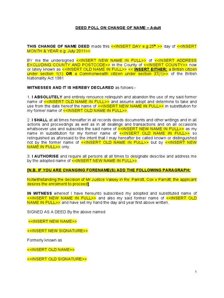 Adult Change of Name Deed Poll Template | PDF | Legal Documents ...