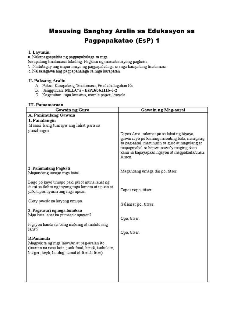 Masusing Banghay Aralin Sa Edukasyon Sa Pagpapakatao (Esp) 1 | PDF
