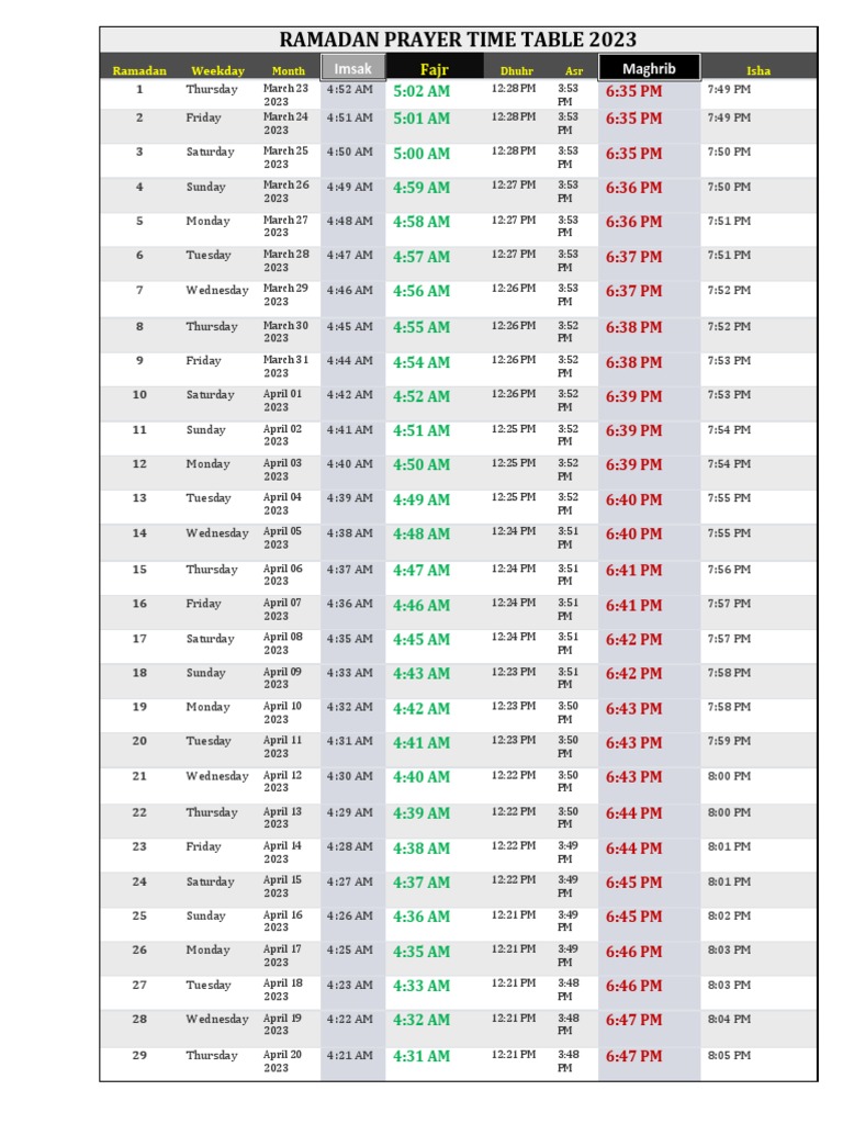 Ramadan Prayer Time Table 2023 | PDF | Workweek And Weekend | Worship