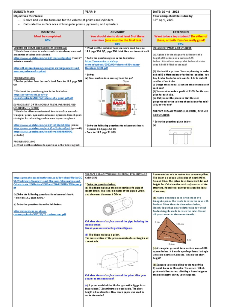 Year 9 Math: Volume & Surface Area | PDF | Area | Volume