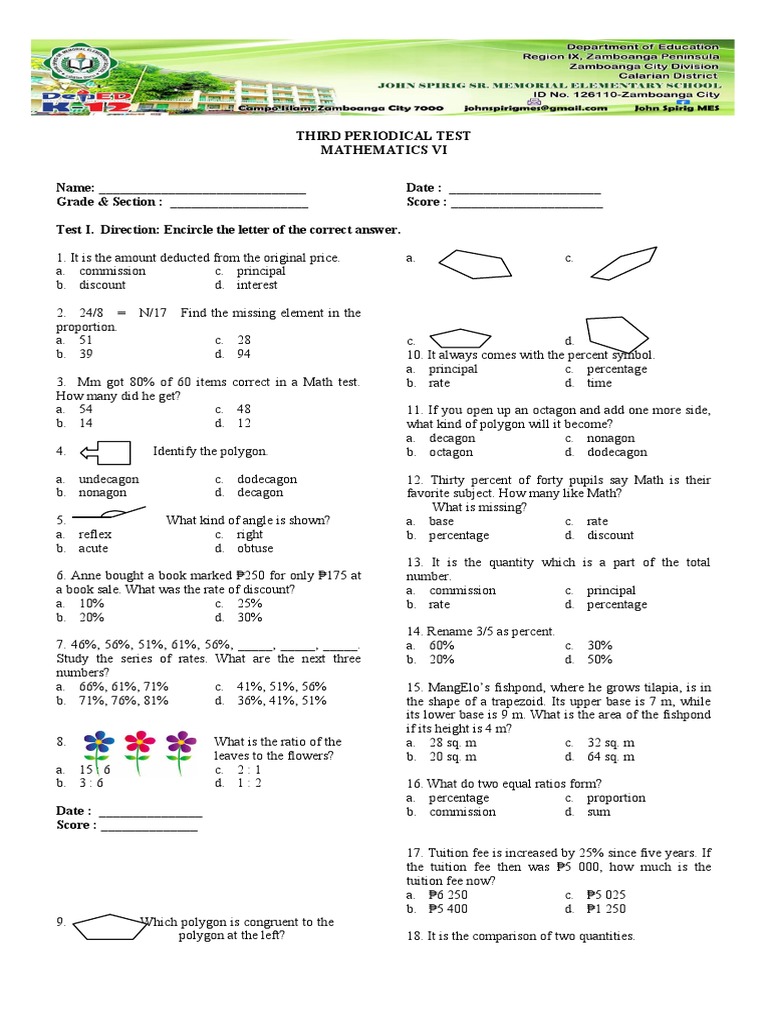 3rd Quarter Math Periodical Test | Download Free PDF | Ratio | Percentage