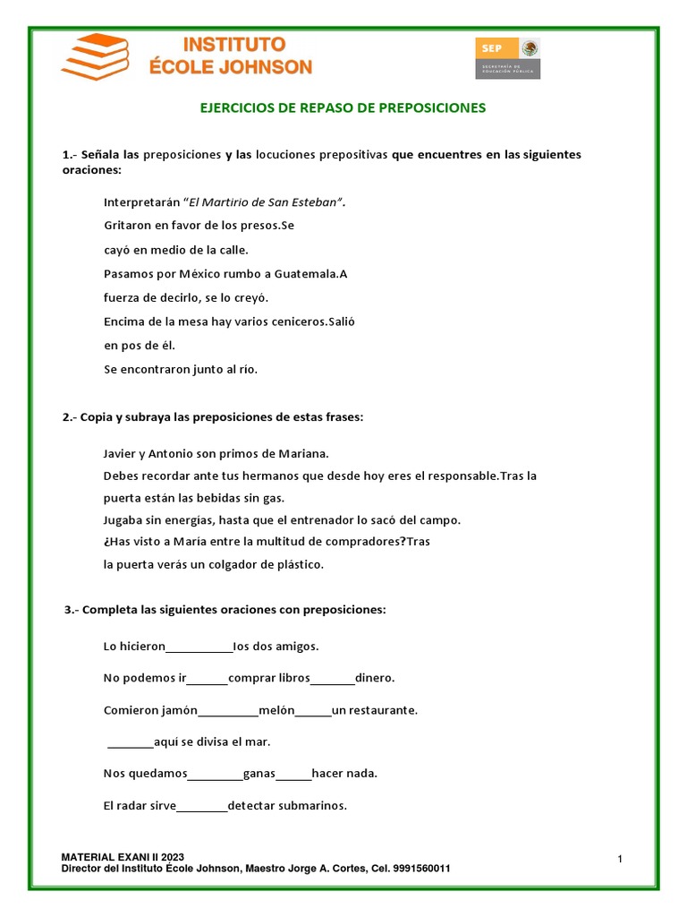 Hojas De Trabajo De Preposiciones De Cuarto Grado Preposiciones | PDF