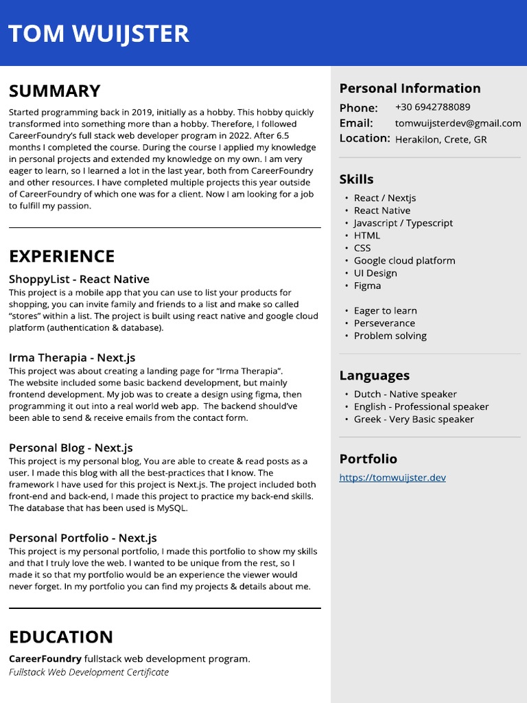 Tom Wuijster: Portfolio and Experience Summary Highlighting Full Stack Web Development Skills in ...