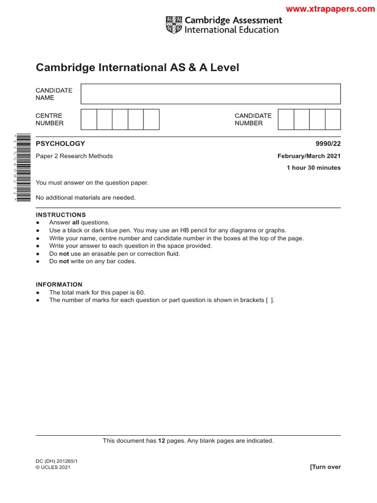 Cambridge International AS & A Level: PSYCHOLOGY 9990/22 | PDF | Home ...