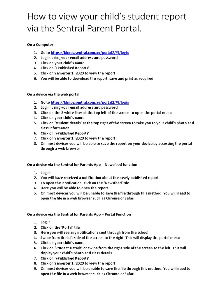 How To View Your Child's Student Report Via The Sentral Parent Portal | PDF