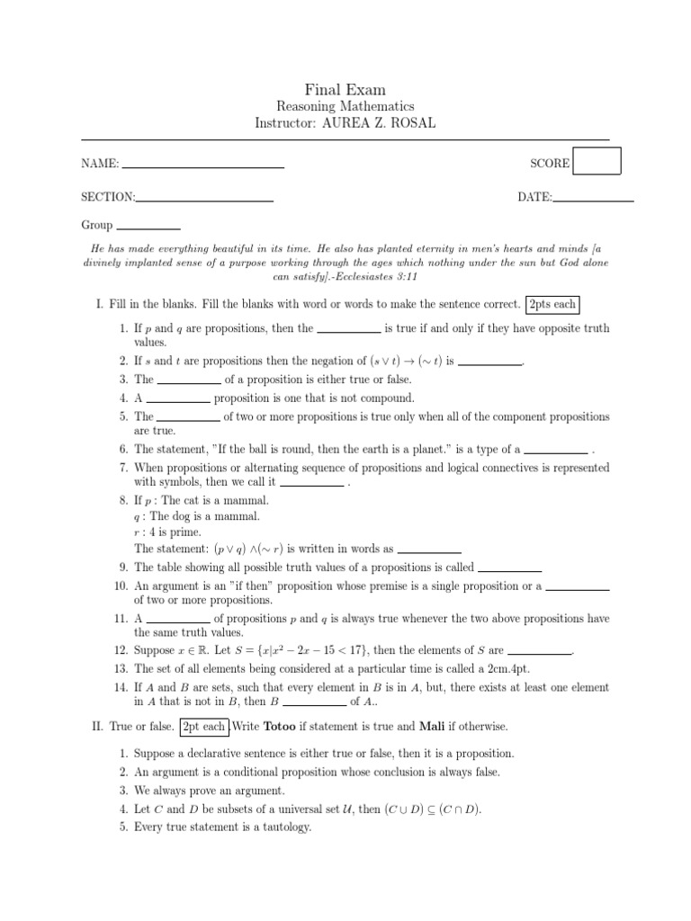 Final-Exam-Reasoning-Mathematics-First-2023 | PDF | Proposition | Truth