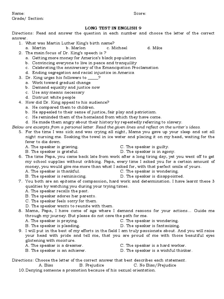 Long Test in English 9 | PDF | Martin Luther King Jr. | Social Media