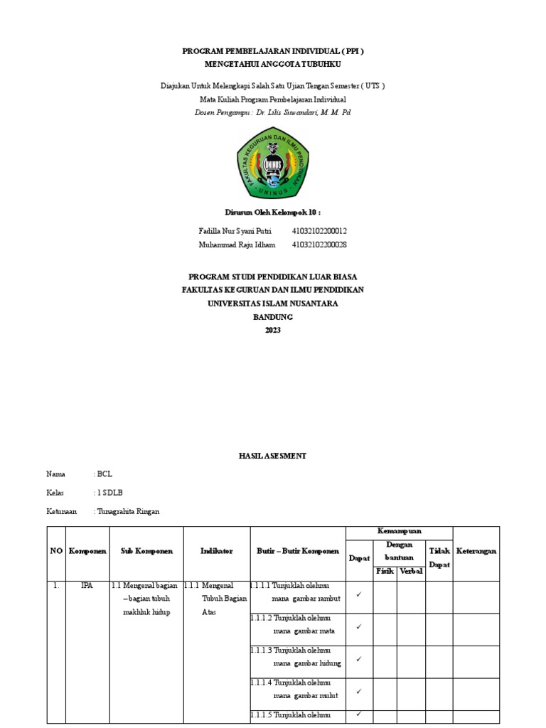 Program Pembelajaran Individual (Ppi) Mengetahui Anggota Tubuhku | PDF