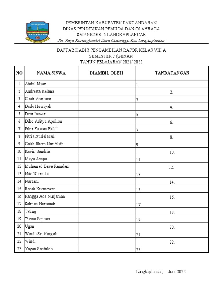 DAFTAR HADIR PENGAMBILAN RAPOR 2022 | PDF