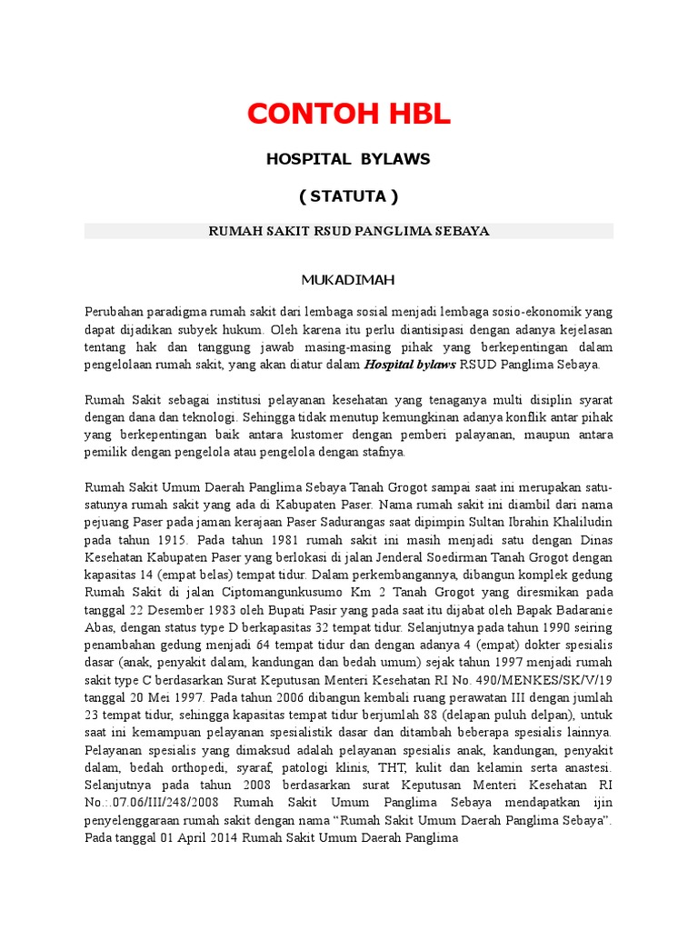 Contoh HBL Hospital Bylaws Statuta Rumah | PDF