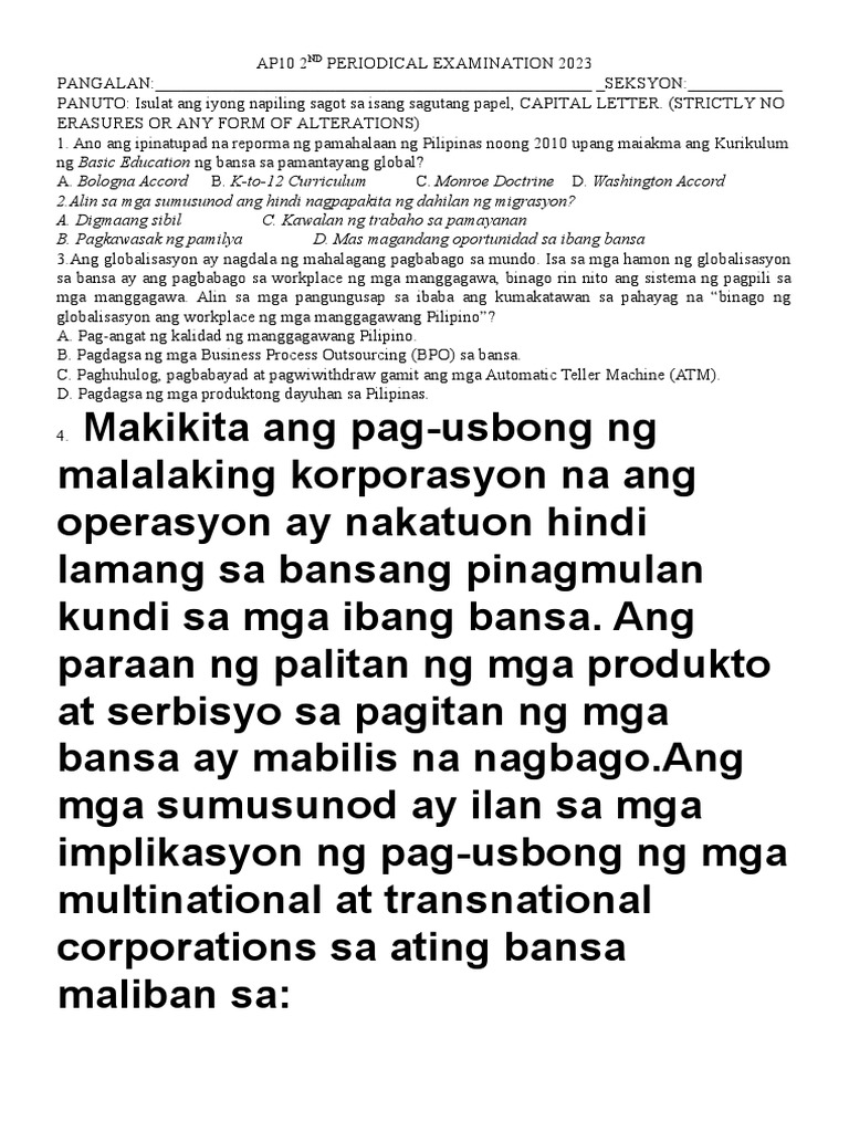 Ap10 2nd Periodical Examination 2023 W Answer Key | PDF