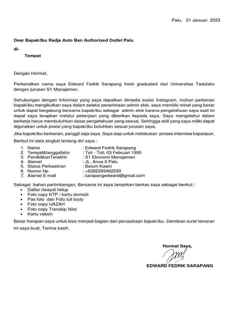 Dear Bapak/Ibu Radja Auto Ban Authorized Outlet Palu Di-Tempat | PDF