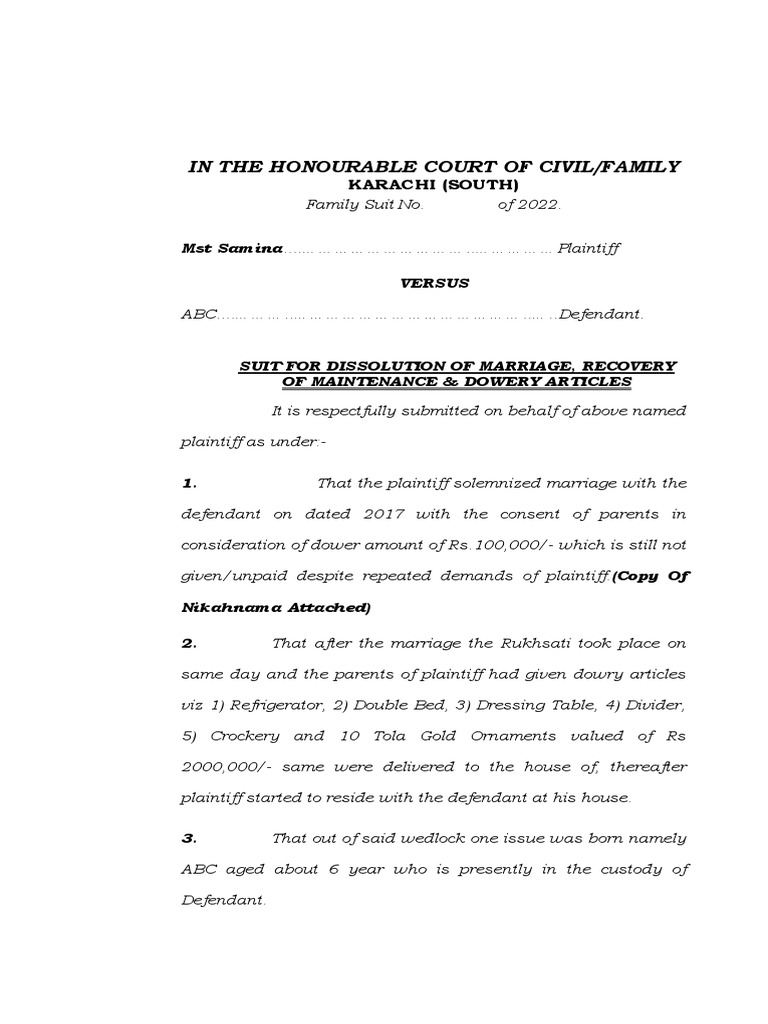 Suit For Dissolution of Marriage Maintenance & Recovery of Dowry ...