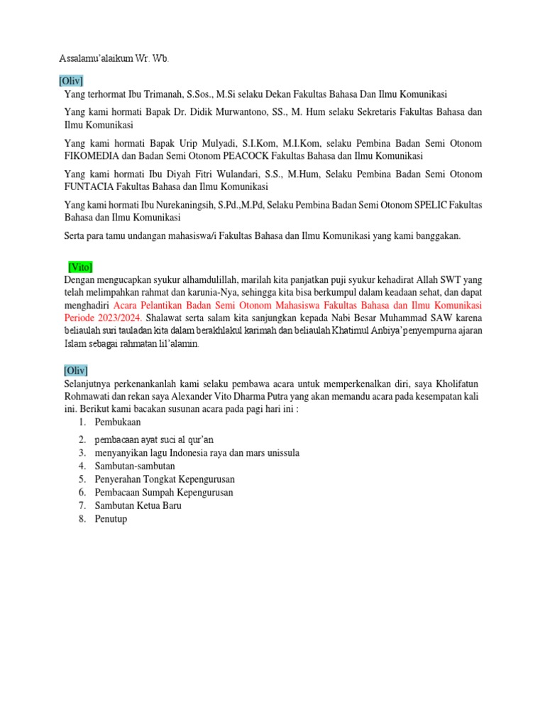 Naskah MC Pelantikan BSO FIXX BGTT | PDF