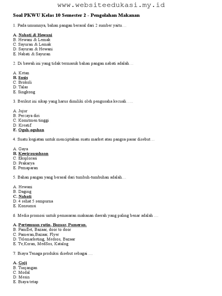 Soal PKWU Kelas 10 Semester 2 | PDF