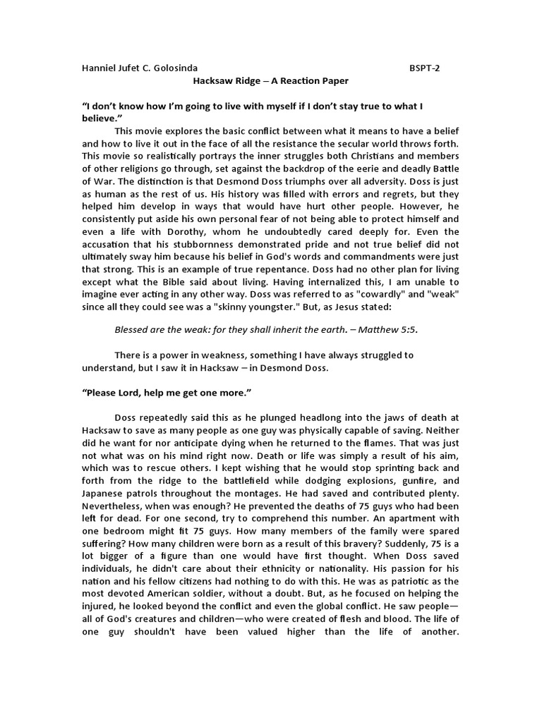 Hacksaw Ridge - A Reaction Paper "I Don't Know How I'm Going To Live ...