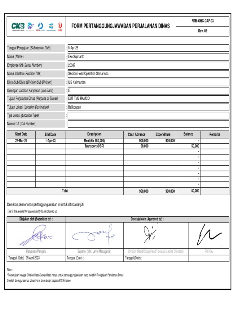 FRM-OHC-GAF-003 Rev. 05 - Form Pertangungjawaban Perjalanan Dinas (Eko) | PDF