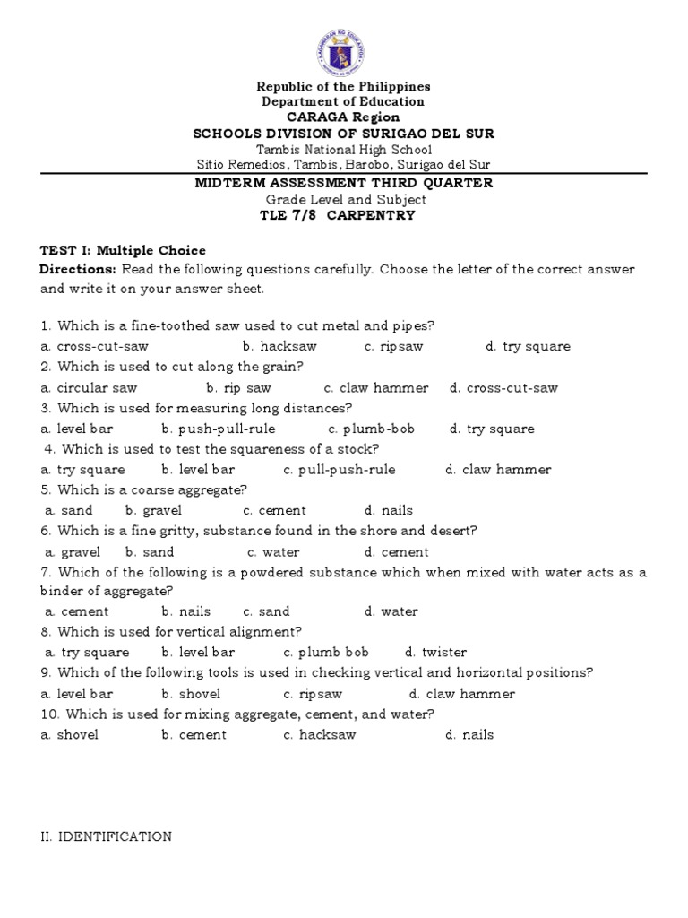 TLE 7 Carpentry - Midterm Assessment | PDF