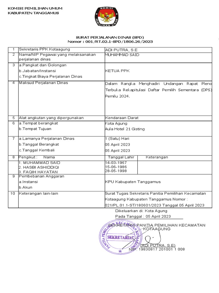 1.surat Perjalanan Dinas 2023 | PDF