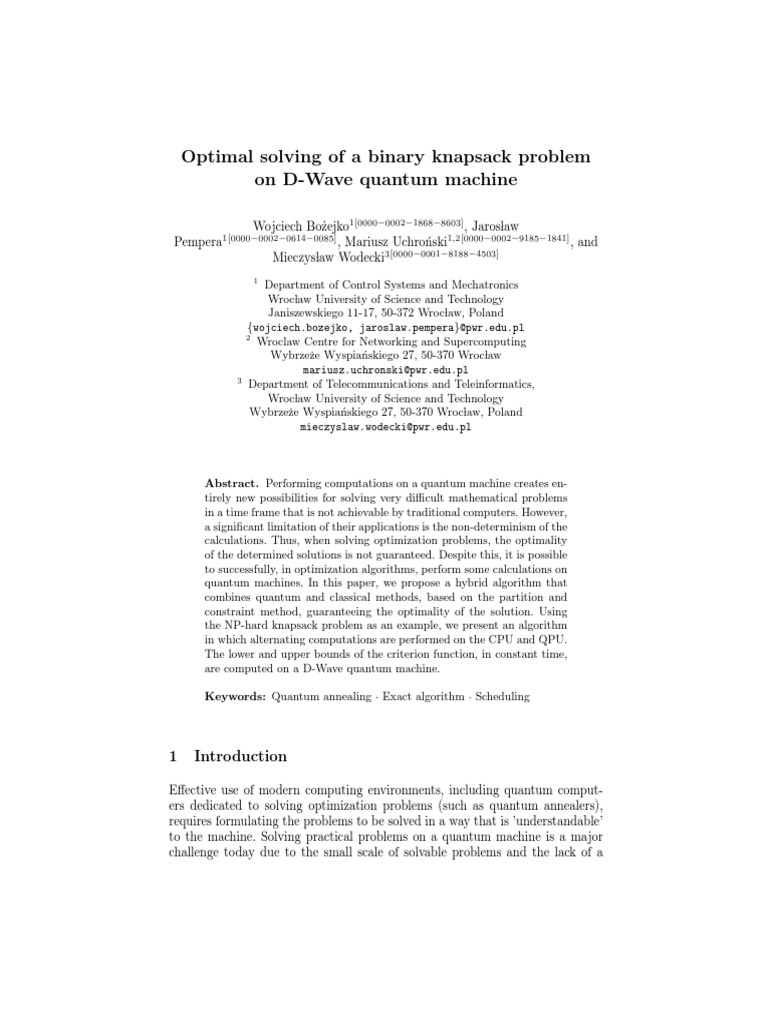 Optimal Solving of A Binary Knapsack Problem On D-Wave Quantum Machine | PDF | Mathematical ...