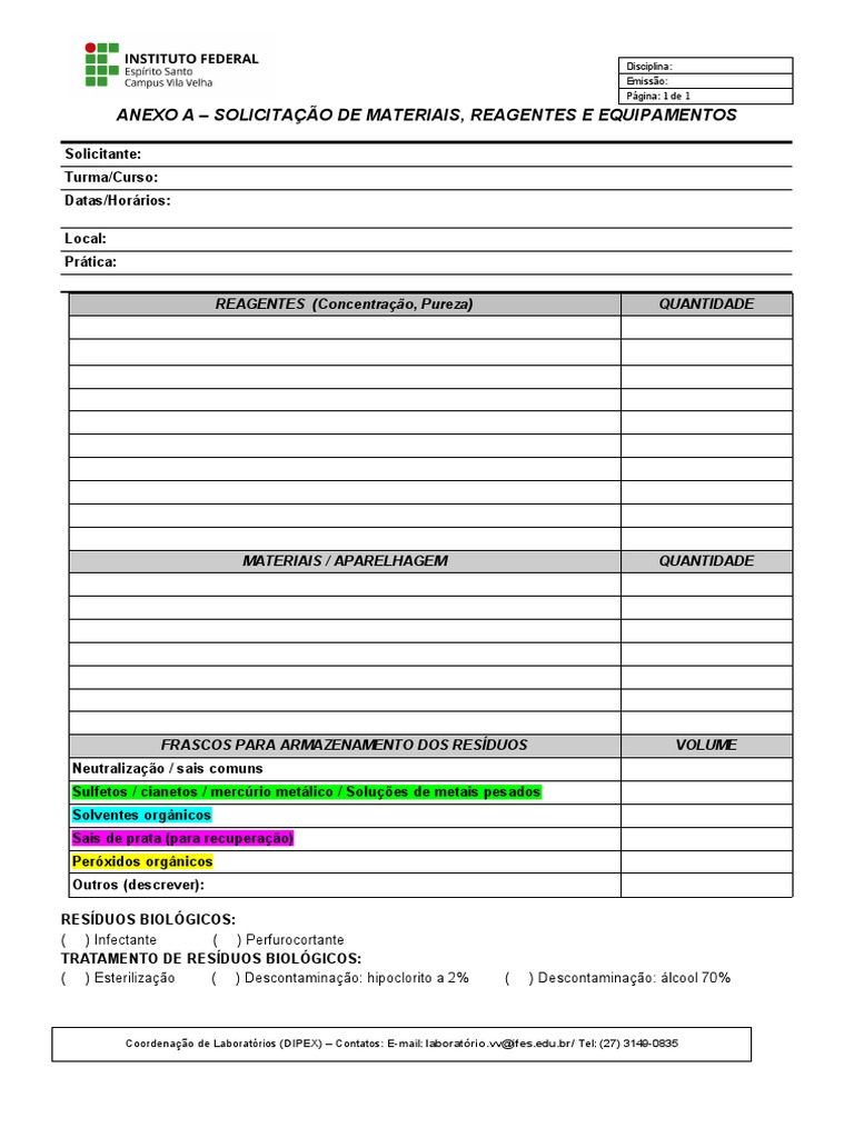 ANEXO A - Formulário de Solicitação de Materiais e Equipamentos | PDF