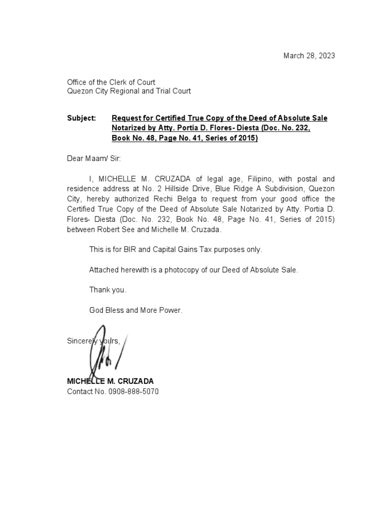 Request for Certified True Copy of Deed of Absolute Sale for Capital ...