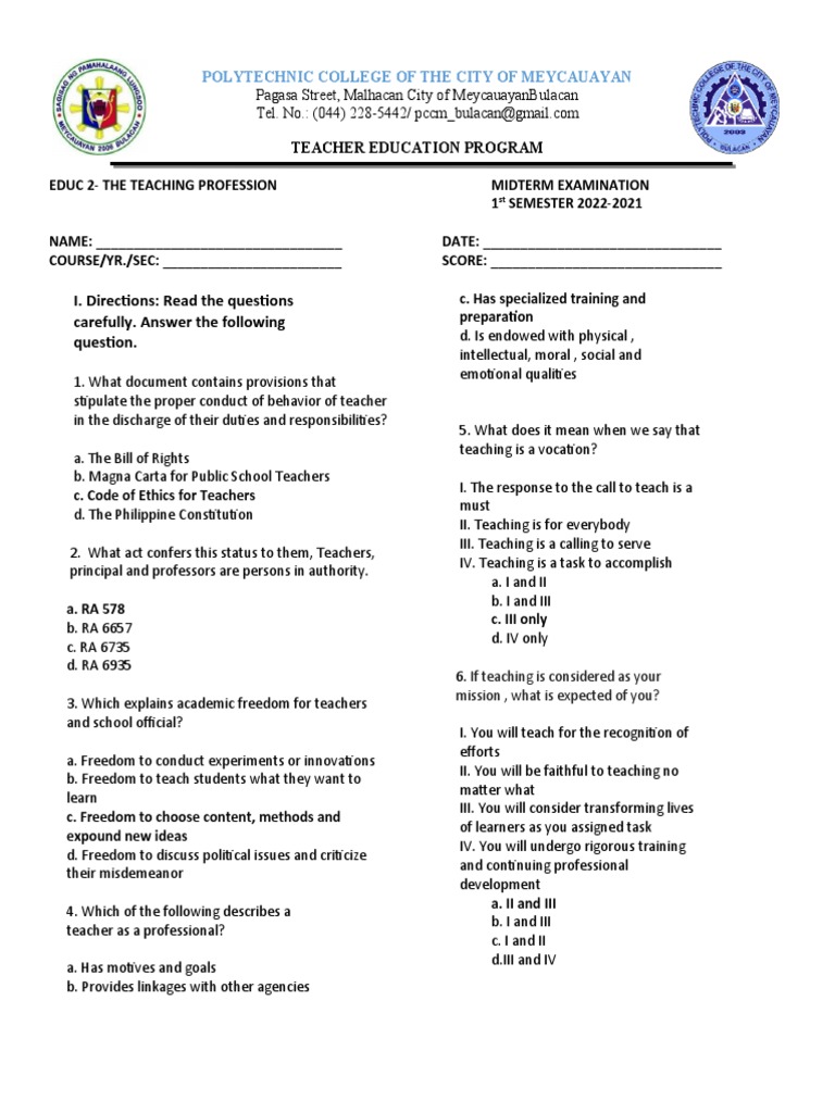 Educ 2 - Midterm Examination | PDF | Teachers | Theory