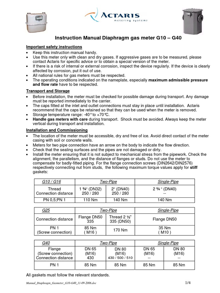Instruction Manual Diaphragm Gas Meter G10 - G40: Important Safety ...