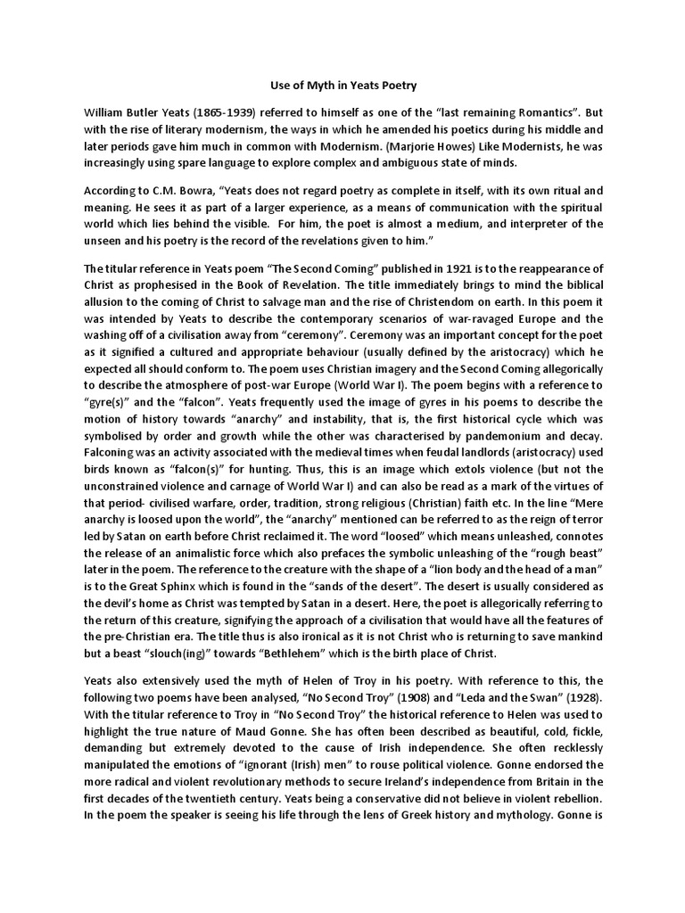 Use of Myth in Yeats Poetry | PDF | Classics