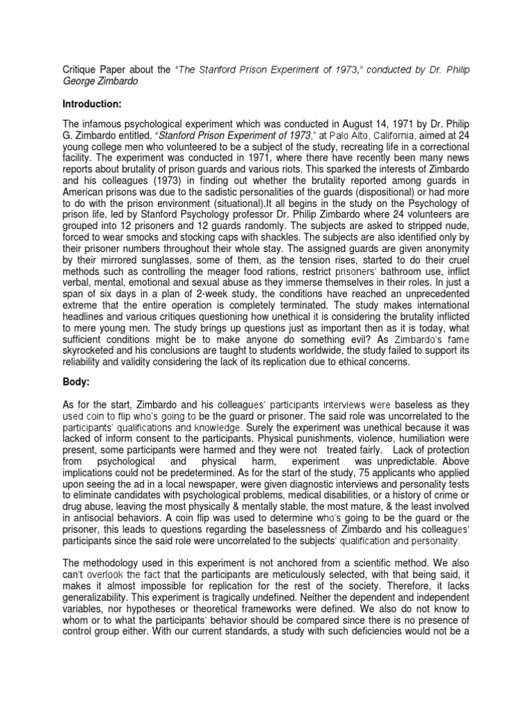 Stanford Prison Experiment Critique Paper | PDF | Social Science | Self ...