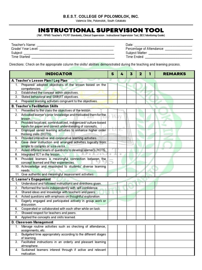 Instructional Supervision Tool: Indicator 5 4 3 2 1 Remarks | PDF ...