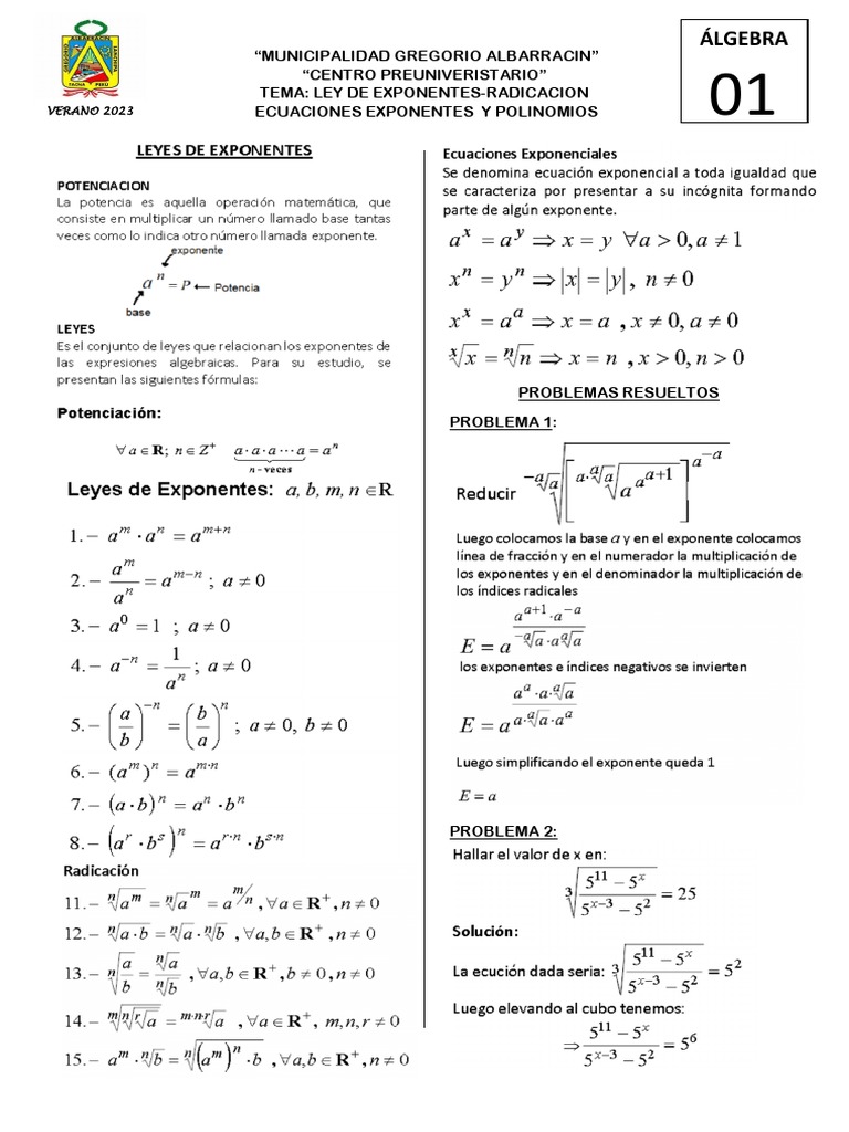 Practica - N°1 - Exponentes - Radicales - Ec Expon - Cepu - Gal - 2023 ...