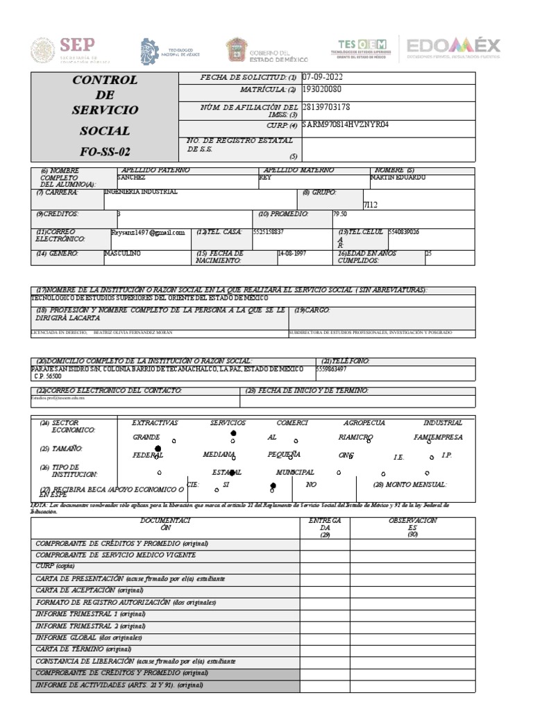 Control DE Servicio Social FO-SS-02 | PDF