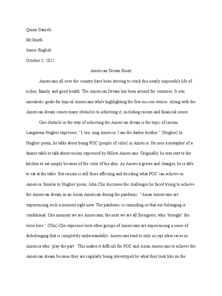 Quinn Daniels - 2022 American Dream Essay Template Rubric | PDF ...