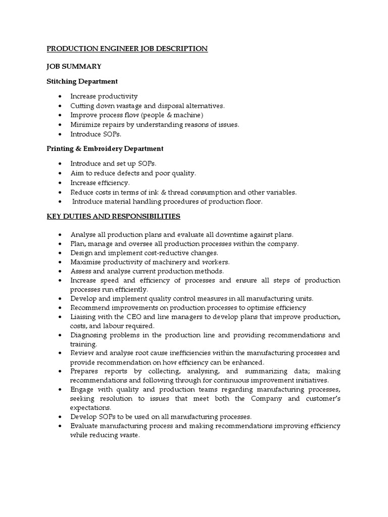 PRODUCTION ENGINEER JOB DESCRIPTION | PDF