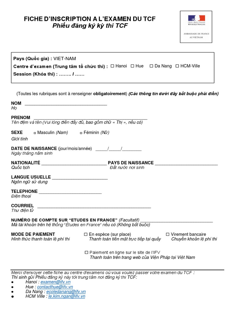 Phiếu Đăng Ký Dự Thi TCF | PDF