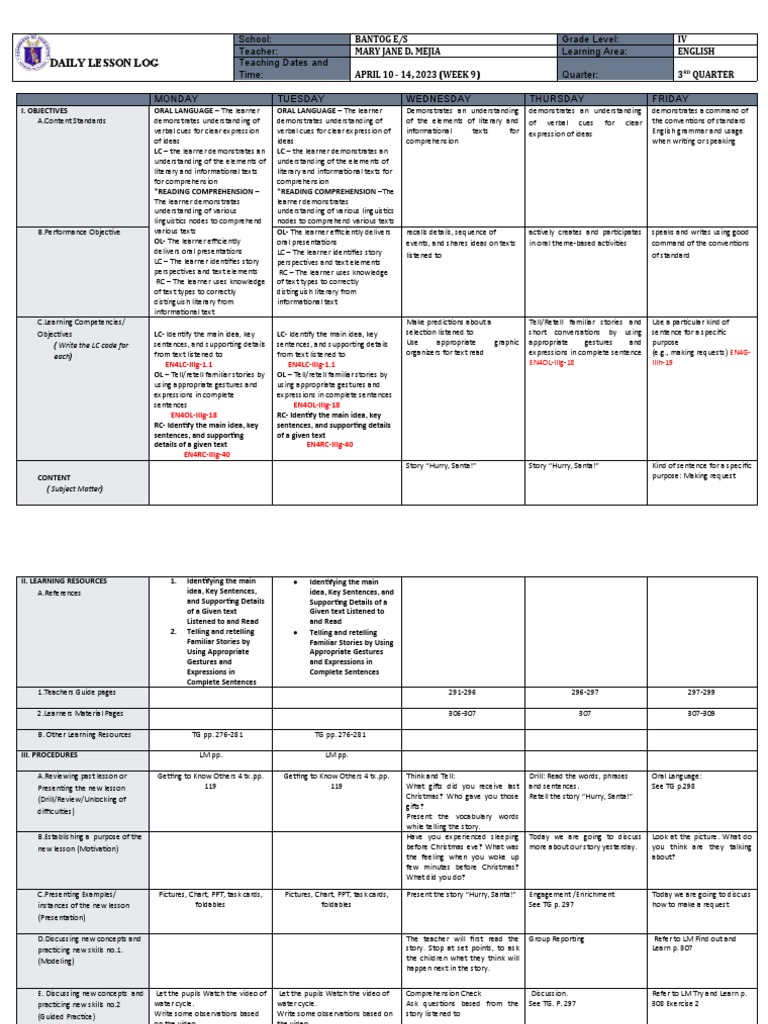 Daily Lesson Log | PDF | Reading Comprehension | Water Cycle