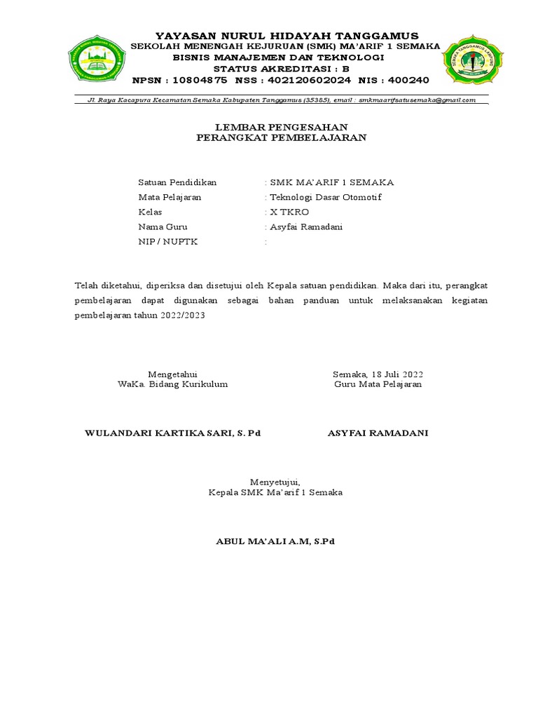 Lembar Pengesahan Perangkat Pembelajaran | PDF