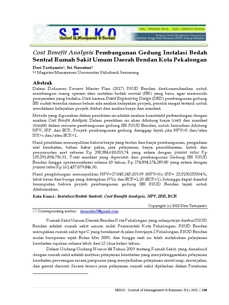 Cost Benefit Analysis Pembangunan Gedung Instalasi Bedah: Sentral Rumah Sakit Umum Daerah Bendan ...