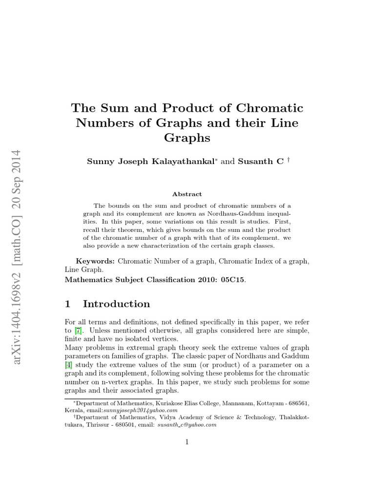 The Sum and Product of Chromatic Numbers for Graphs and Line Graphs | PDF | Combinatorics ...
