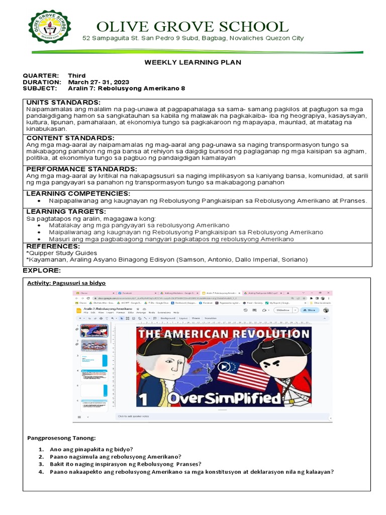 Learning Plan - Aralin 7 Rebolusyong Amerikano 8 | PDF