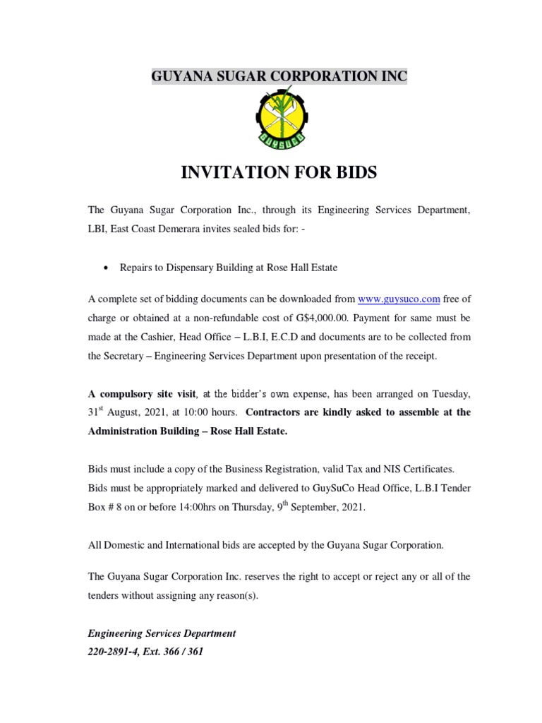 Invitation For Bids: Guyana Sugar Corporation Inc | PDF